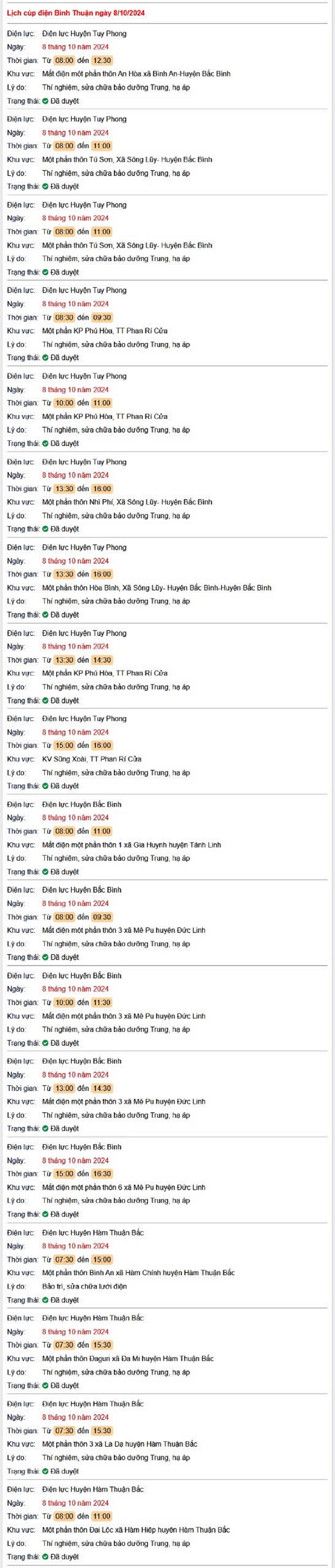 Lịch cúp điện hôm nay Thứ 3 ngày 8/10/2024 tại Bình Thuận