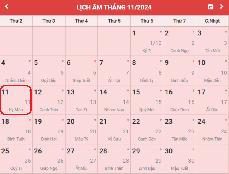 Lịch âm 11/11 - Âm lịch hôm nay 11/11 - Lịch vạn niên ngày 11/11/2024