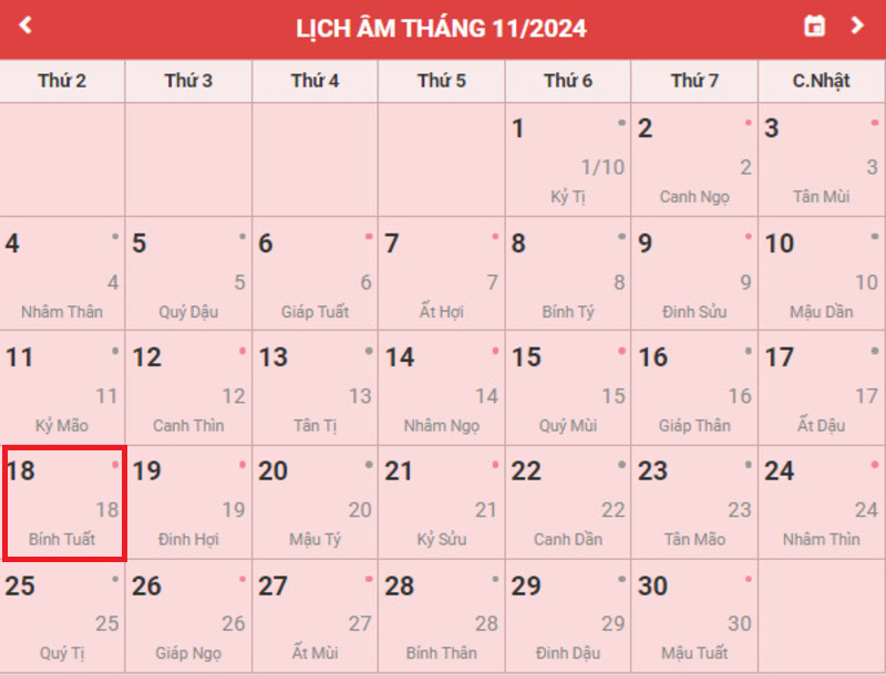 Lịch âm 18/11 - Âm lịch hôm nay 18/11 - Lịch vạn niên ngày 18/11/2024