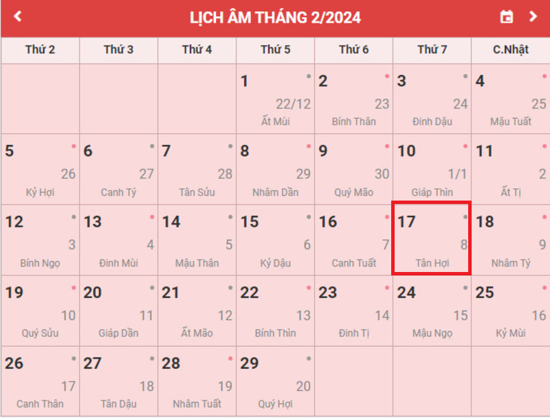 Lịch âm 17/2 - Âm lịch hôm nay 17/2 - Lịch vạn niên ngày 17/2/2024
