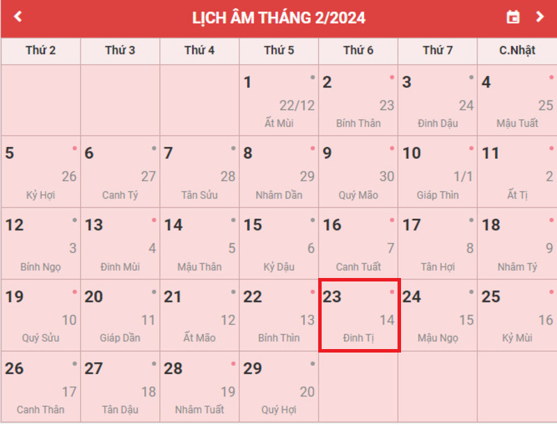 Lịch âm 23/2 - Âm lịch hôm nay 23/2 - Lịch vạn niên ngày 23/2/2024