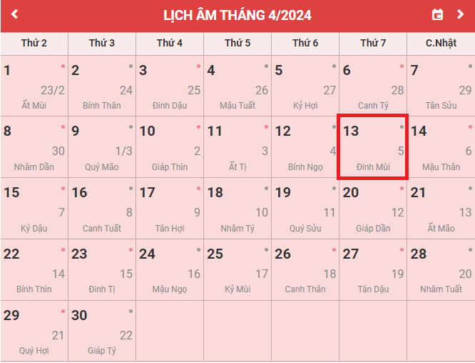 Lịch âm 13/4 - Âm lịch hôm nay 13/4 - Lịch vạn niên ngày 13/4/2024